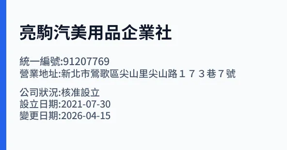 亮駒汽美用品企業社的照片-統編 91207769(新北市) 公司登記資料與營業項目詳細圖表