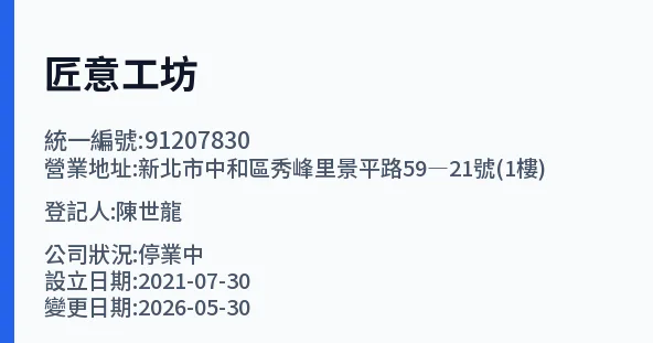 匠意工坊的照片-統編 91207830(新北市) 公司登記資料與營業項目詳細圖表