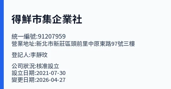 得鮮市集企業社的照片-統編 91207959(新北市) 公司登記資料與營業項目詳細圖表