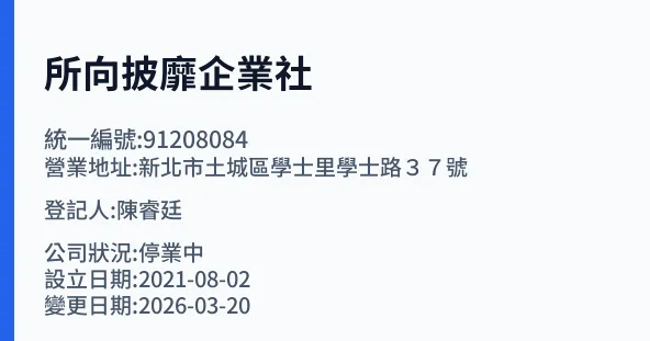 所向披靡企業社的照片-統編 91208084(新北市) 公司登記資料與營業項目詳細圖表