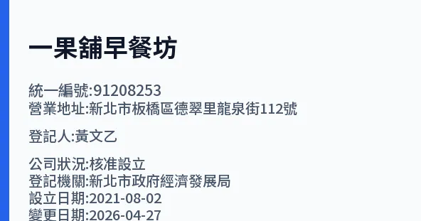 一果舖早餐坊的照片-統編 91208253(新北市) 公司登記資料與營業項目詳細圖表