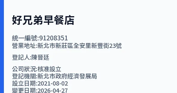 好兄弟早餐店的照片-統編 91208351(新北市) 公司登記資料與營業項目詳細圖表