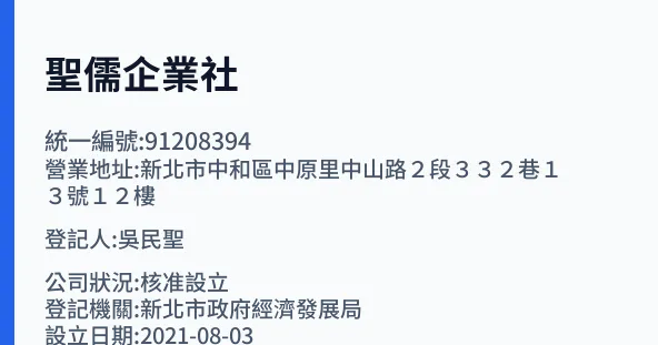 聖儒企業社的照片-統編 91208394(新北市) 公司登記資料與營業項目詳細圖表