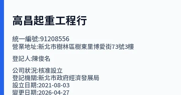 高昌起重工程行的照片-統編 91208556(新北市) 公司登記資料與營業項目詳細圖表