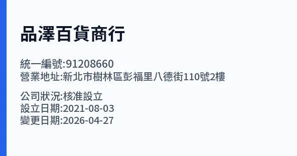品澤百貨商行的照片-統編 91208660(新北市) 公司登記資料與營業項目詳細圖表