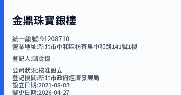 金鼎珠寶銀樓的照片-統編 91208710(新北市) 公司登記資料與營業項目詳細圖表