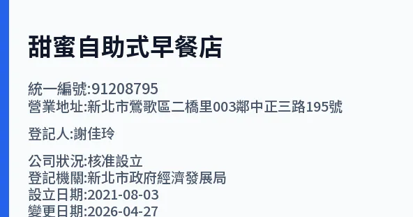 甜蜜自助式早餐店的照片-統編 91208795(新北市) 公司登記資料與營業項目詳細圖表