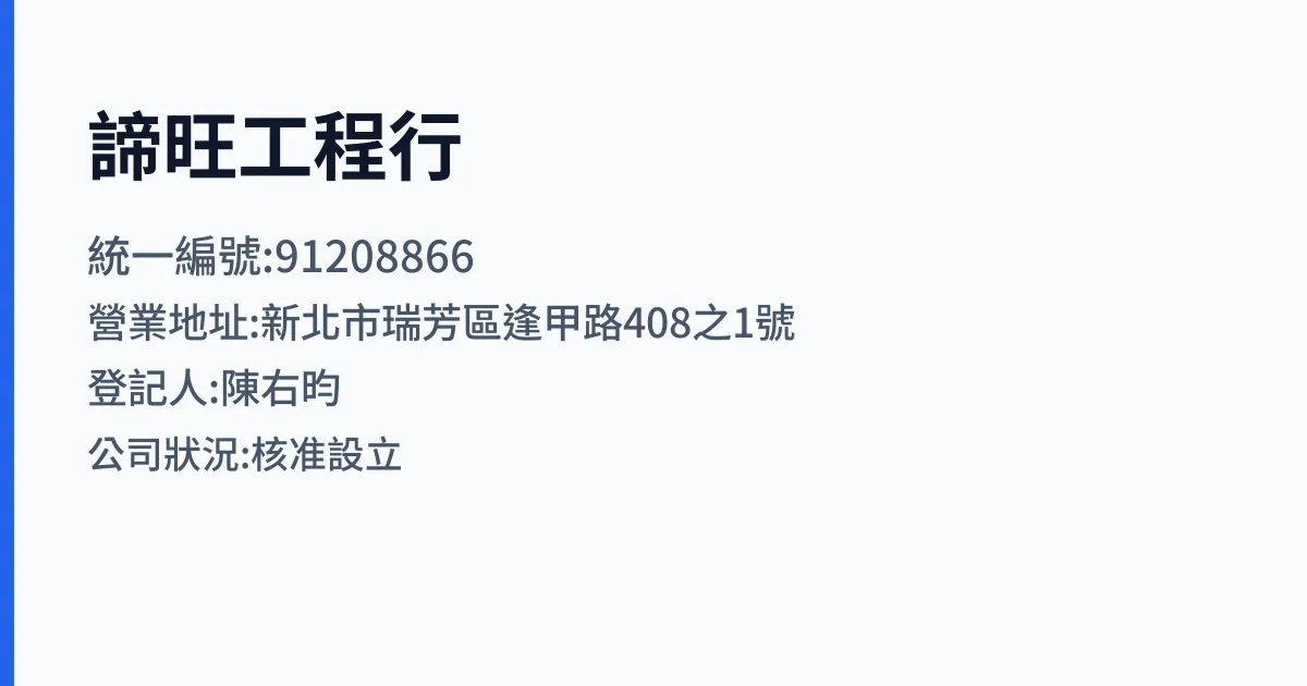 諦旺工程行 - 統編 91208866（新北市） 公司登記資料與營業項目詳細圖表