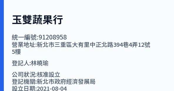 玉雙蔬果行的照片-統編 91208958(新北市) 公司登記資料與營業項目詳細圖表
