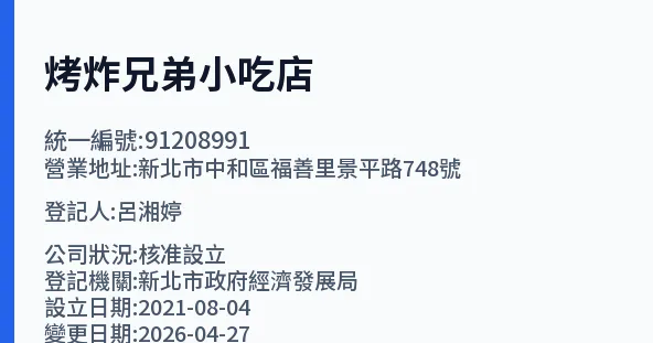 烤炸兄弟小吃店的照片-統編 91208991(新北市) 公司登記資料與營業項目詳細圖表