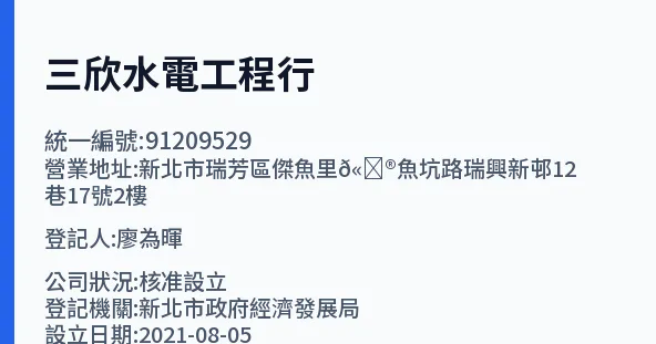 三欣水電工程行的照片-統編 91209529(新北市) 公司登記資料與營業項目詳細圖表
