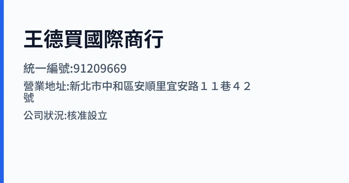 王德買國際商行 - 統編 91209669(新北市) 公司登記資料與營業項目詳細圖表