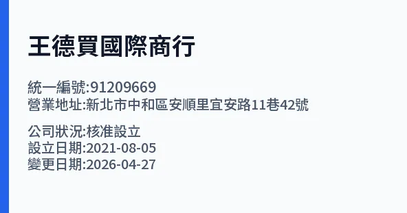 王德買國際商行的照片-統編 91209669(新北市) 公司登記資料與營業項目詳細圖表