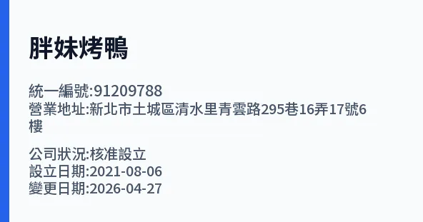胖妹烤鴨的照片-統編 91209788(新北市) 公司登記資料與營業項目詳細圖表