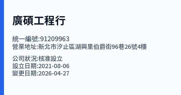 廣碩工程行的照片-統編 91209963(新北市) 公司登記資料與營業項目詳細圖表