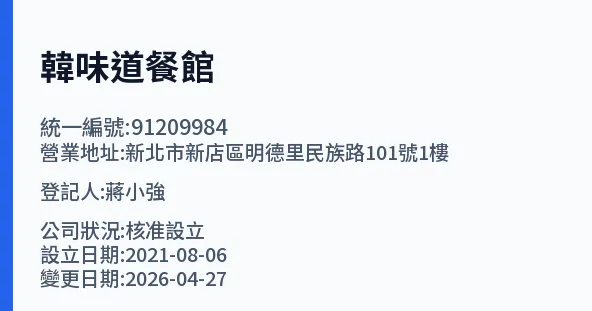 韓味道餐館的照片-統編 91209984(新北市) 公司登記資料與營業項目詳細圖表