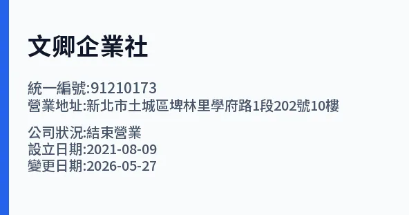 文卿企業社的照片-統編 91210173(新北市) 公司登記資料與營業項目詳細圖表
