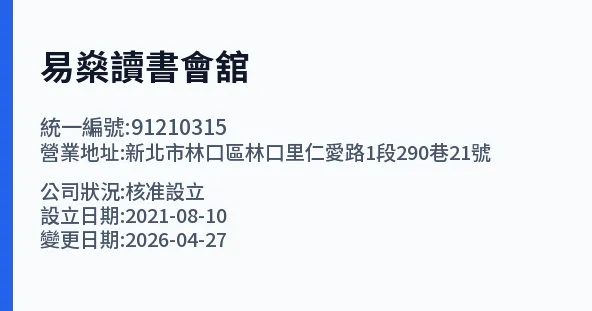 易燊讀書會舘的照片-統編 91210315(新北市) 公司登記資料與營業項目詳細圖表