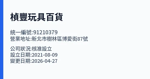楨豐玩具百貨的照片-統編 91210379(新北市) 公司登記資料與營業項目詳細圖表