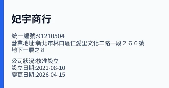 妃宇商行的照片-統編 91210504(新北市) 公司登記資料與營業項目詳細圖表