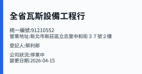 全省瓦斯設備工程行的照片-統編 91210552(新北市) 公司登記資料與營業項目詳細圖表