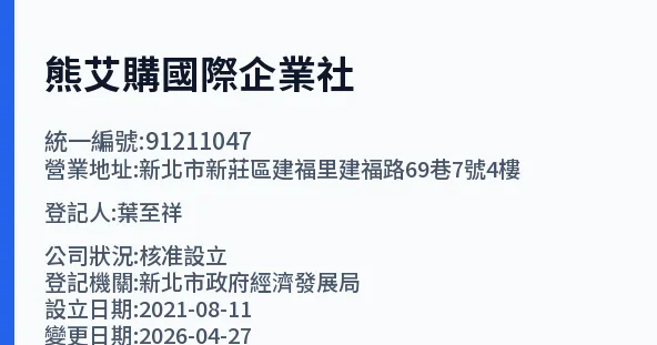 熊艾購國際企業社的照片-統編 91211047(新北市) 公司登記資料與營業項目詳細圖表