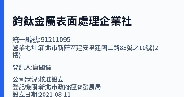 鈞鈦金屬表面處理企業社的照片-統編 91211095(新北市) 公司登記資料與營業項目詳細圖表