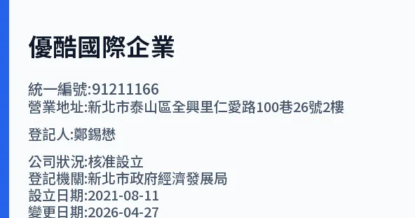 優酷國際企業的照片-統編 91211166(新北市) 公司登記資料與營業項目詳細圖表
