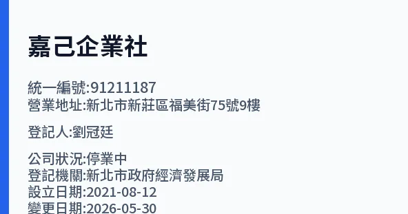 嘉己企業社的照片-統編 91211187(新北市) 公司登記資料與營業項目詳細圖表