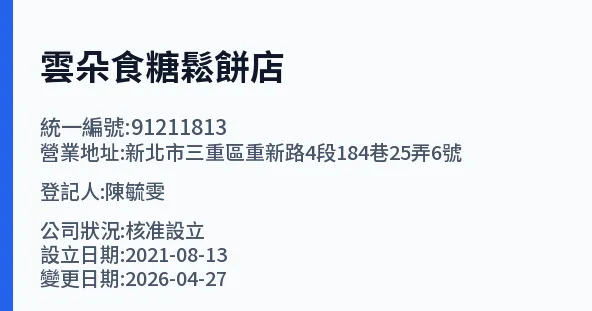 雲朵食糖鬆餅店的照片-統編 91211813(新北市) 公司登記資料與營業項目詳細圖表