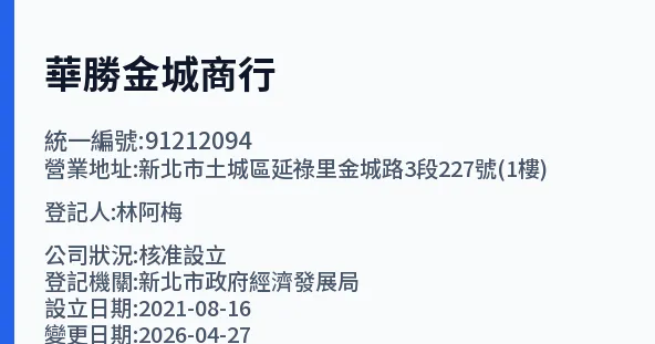 華勝金城商行的照片-統編 91212094(新北市) 公司登記資料與營業項目詳細圖表