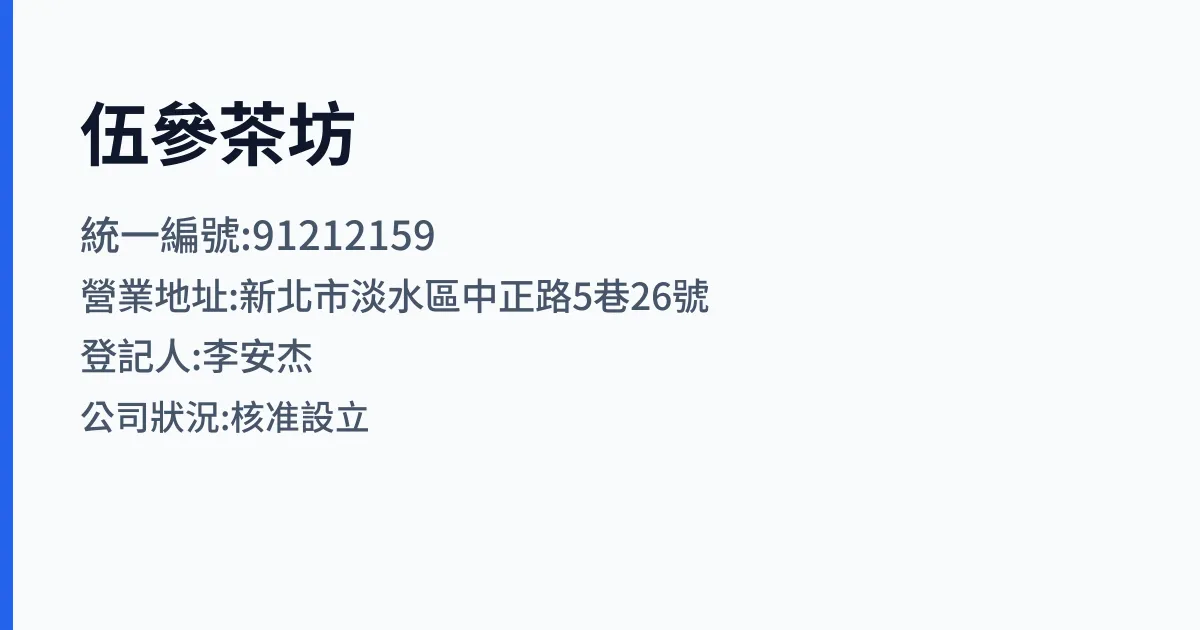 伍參茶坊 - 統編 91212159(新北市) 公司登記資料與營業項目詳細圖表