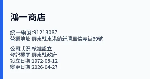 鴻一商店的照片-統編 91213087(屏東縣) 公司登記資料與營業項目詳細圖表