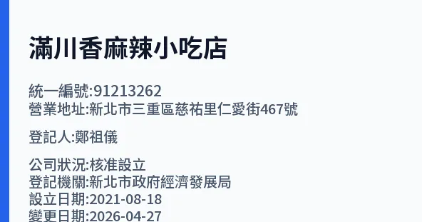 滿川香麻辣小吃店的照片-統編 91213262(新北市) 公司登記資料與營業項目詳細圖表