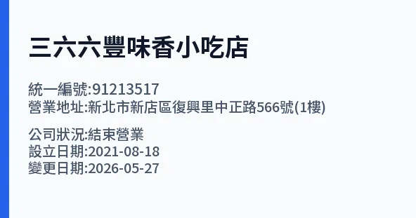 三六六豐味香小吃店的照片-統編 91213517(新北市) 公司登記資料與營業項目詳細圖表