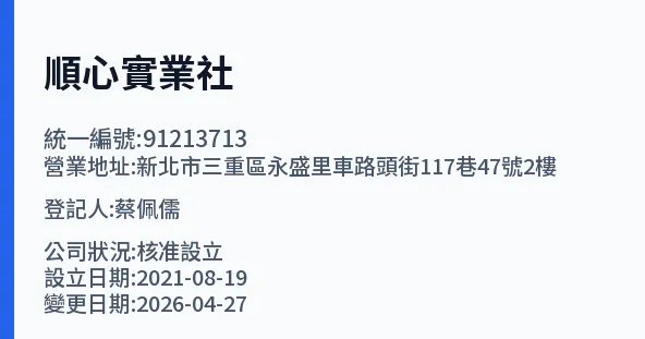 順心實業社的照片-統編 91213713(新北市) 公司登記資料與營業項目詳細圖表