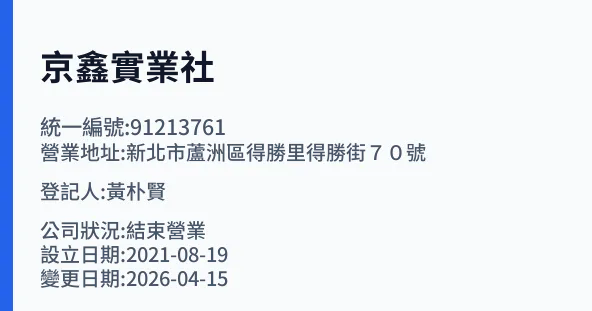 京鑫實業社的照片-統編 91213761(新北市) 公司登記資料與營業項目詳細圖表