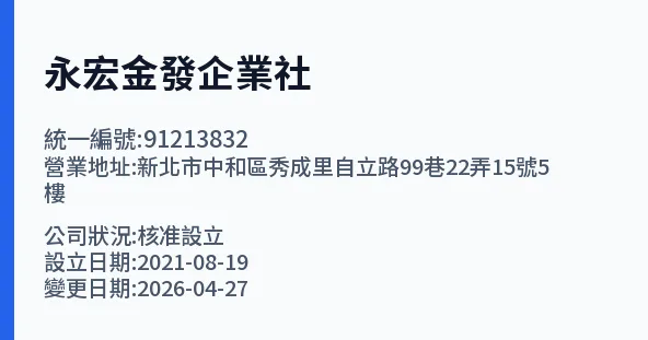 永宏金發企業社的照片-統編 91213832(新北市) 公司登記資料與營業項目詳細圖表