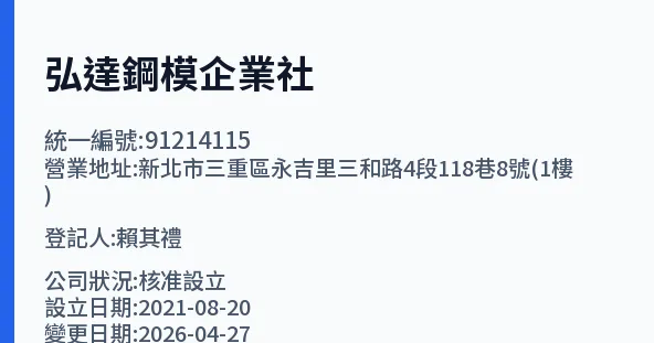 弘達鋼模企業社的照片-統編 91214115(新北市) 公司登記資料與營業項目詳細圖表