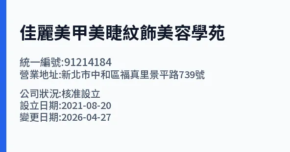 佳麗美甲美睫紋飾美容學苑的照片-統編 91214184(新北市) 公司登記資料與營業項目詳細圖表