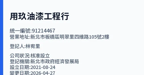 用玖油漆工程行的照片-統編 91214467(新北市) 公司登記資料與營業項目詳細圖表