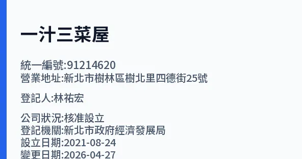 一汁三菜屋的照片-統編 91214620(新北市) 公司登記資料與營業項目詳細圖表