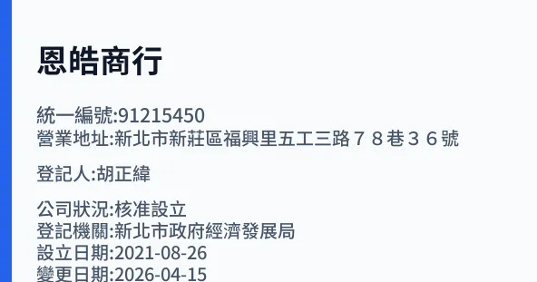 恩皓商行的照片-統編 91215450(新北市) 公司登記資料與營業項目詳細圖表
