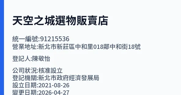 天空之城選物販賣店的照片-統編 91215536(新北市) 公司登記資料與營業項目詳細圖表