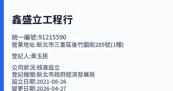 鑫盛立工程行的照片-統編 91215590(新北市) 公司登記資料與營業項目詳細圖表