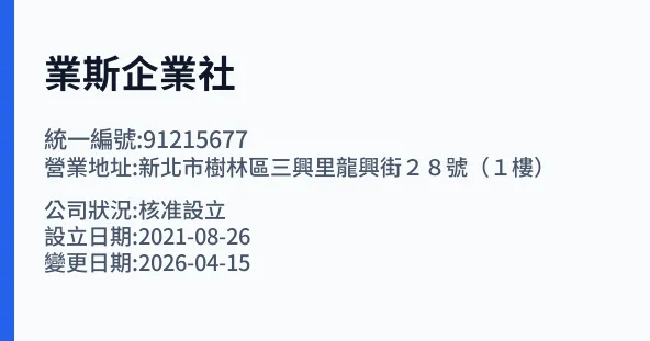 業斯企業社的照片-統編 91215677(新北市) 公司登記資料與營業項目詳細圖表