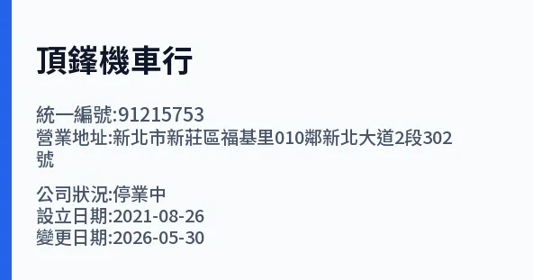 頂鎽機車行的照片-統編 91215753(新北市) 公司登記資料與營業項目詳細圖表