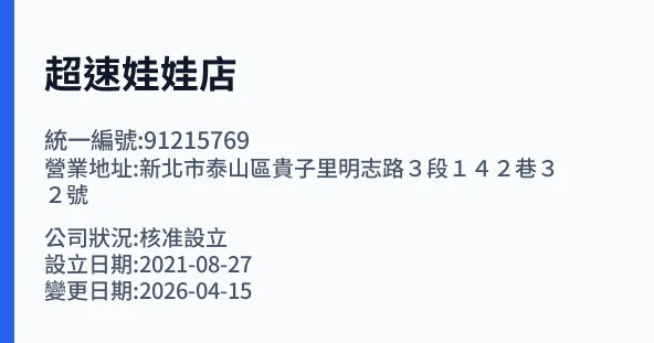 超速娃娃店的照片-統編 91215769(新北市) 公司登記資料與營業項目詳細圖表
