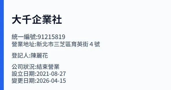 大千企業社的照片-統編 91215819(新北市) 公司登記資料與營業項目詳細圖表