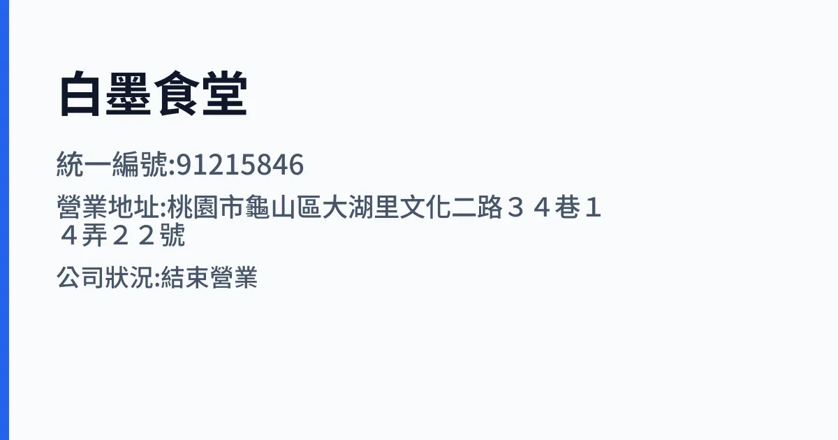 白墨食堂 - 統編 91215846(桃園市) 公司登記資料與營業項目詳細圖表